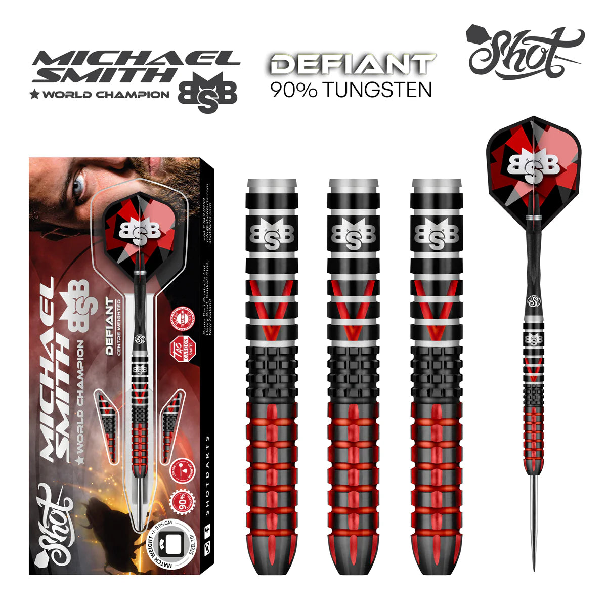 MICHAEL SMITH DEFIANT 90% TUNGSTEN STEEL TIP DARTS BY SHOT – Atlantic ...